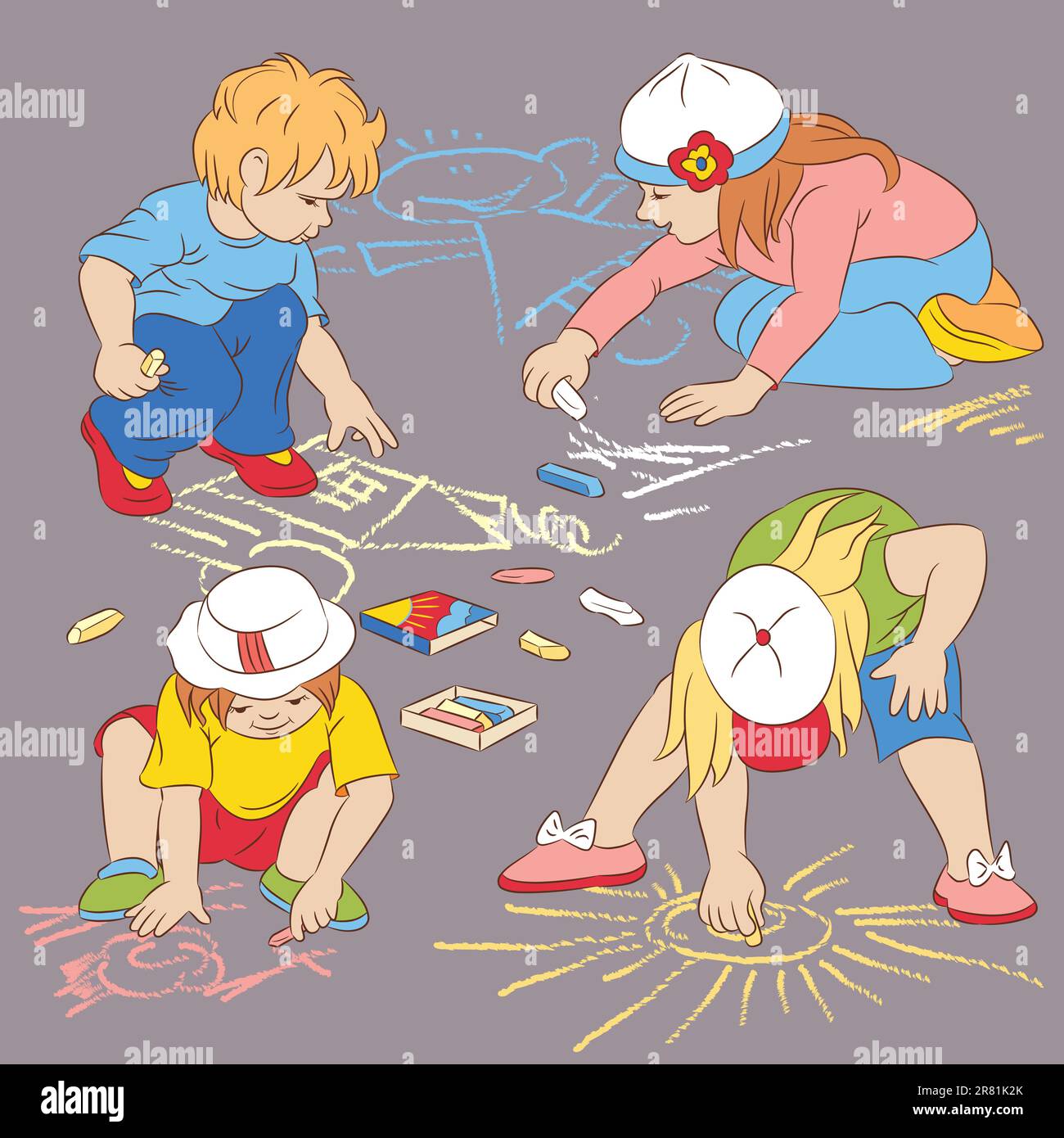 Children are drawing chalk on the asphalt. All objects are isolated ...