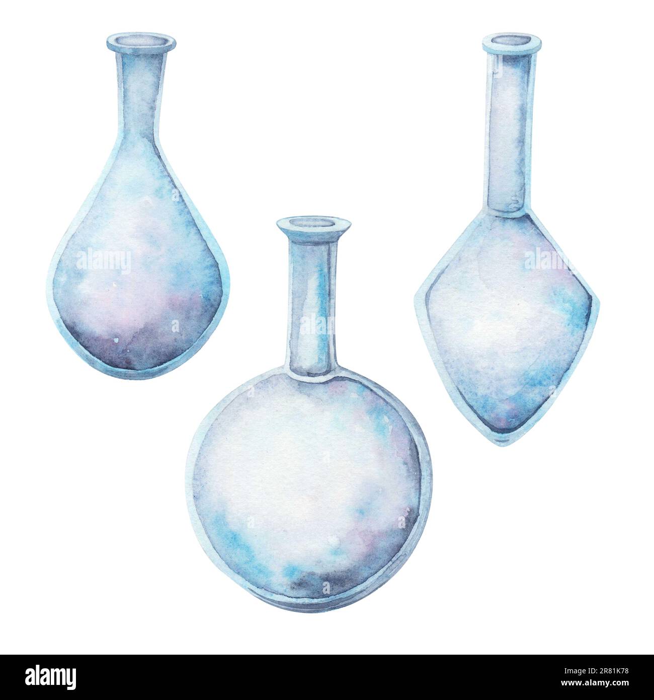 Set glass flask potion isolated on white background. Watercolor hand ...