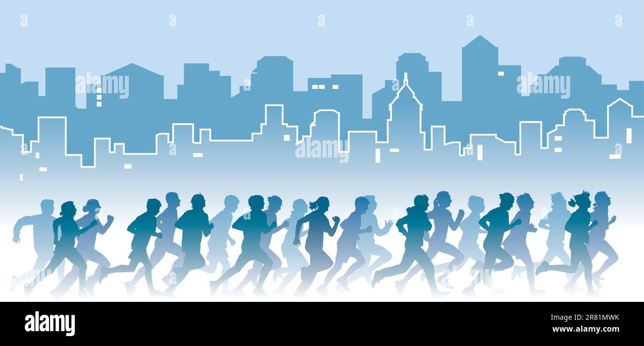Crowd of young people running on a street. Sport vector illustration ...