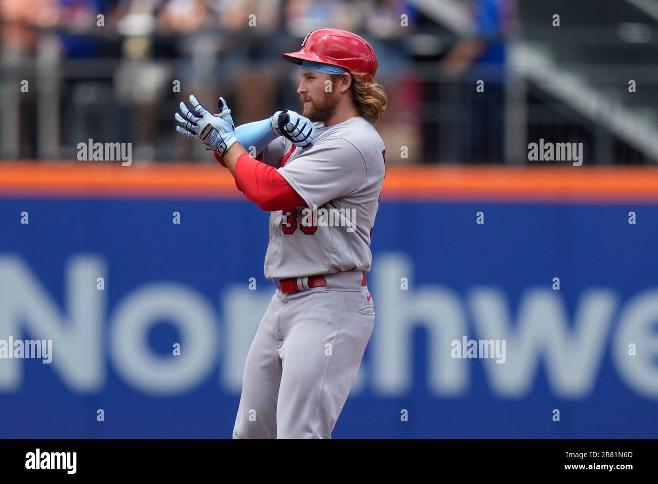 St. Louis Cardinals' Brendan Donovan reacts after hitting a double ...