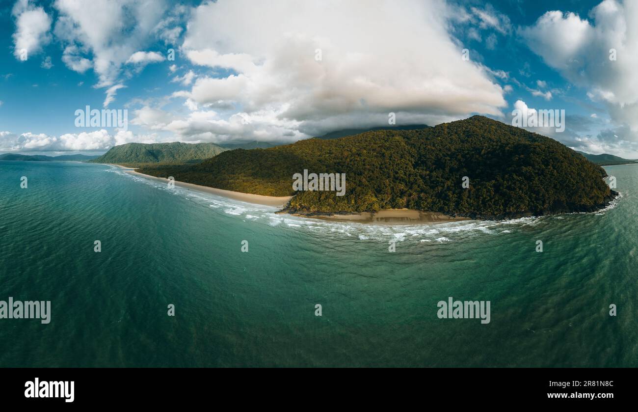 An aerial view of Myall Beach at Cape Tribulation in daintree national ...
