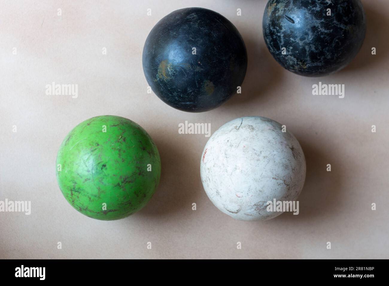 Sphere of different colors. Roller hockey ball resting on the skating ...