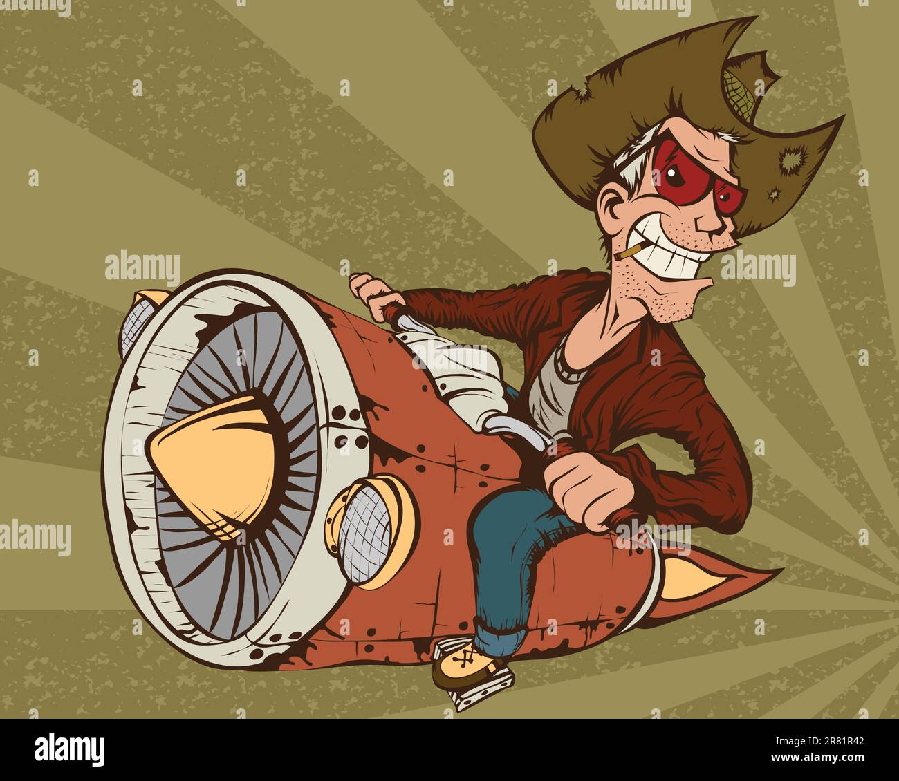 Biker-cowboy on a motorcycle turbo rocket. The background vector image ...