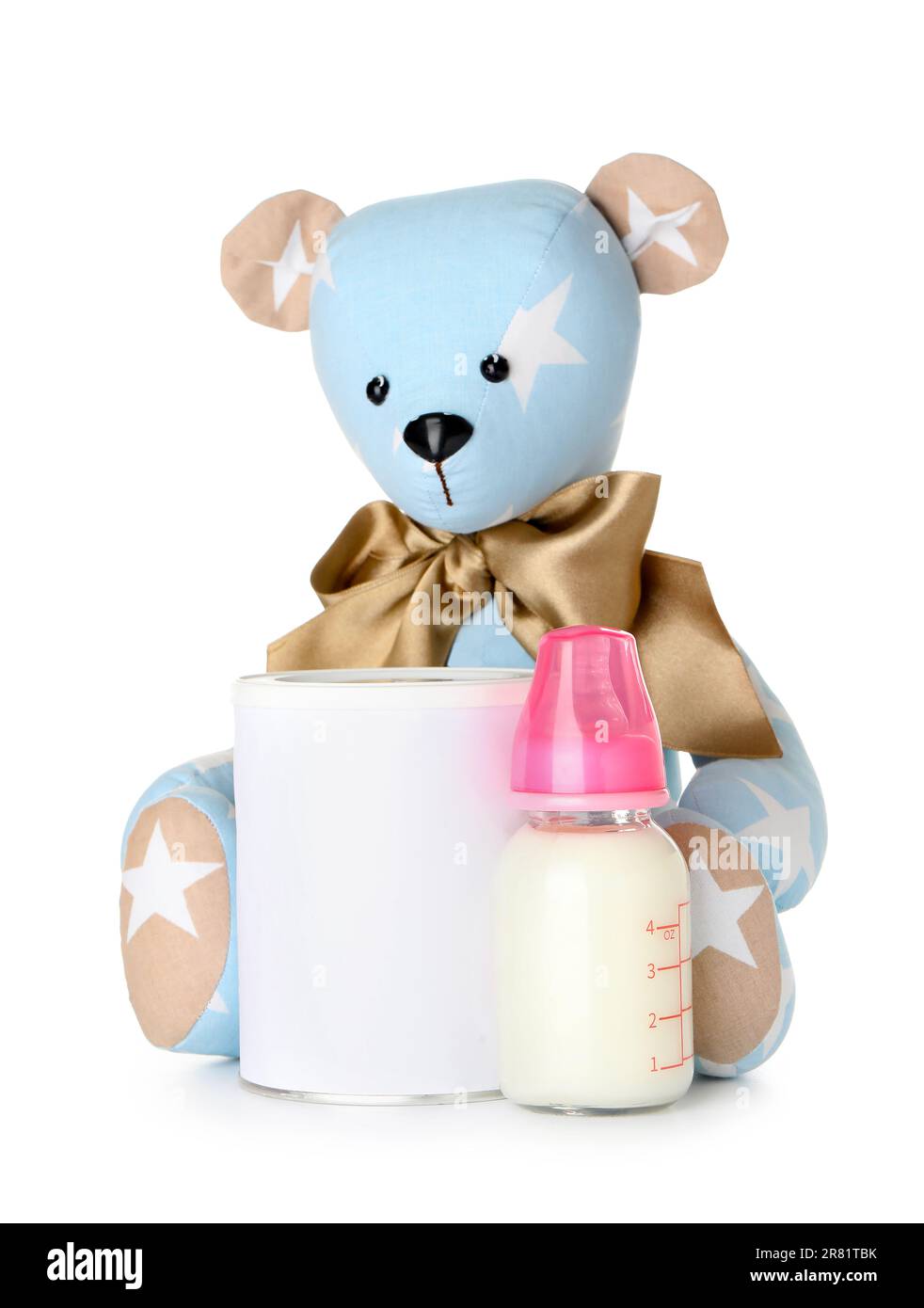 Teddy bear with bottle of milk for baby isolated on white background ...