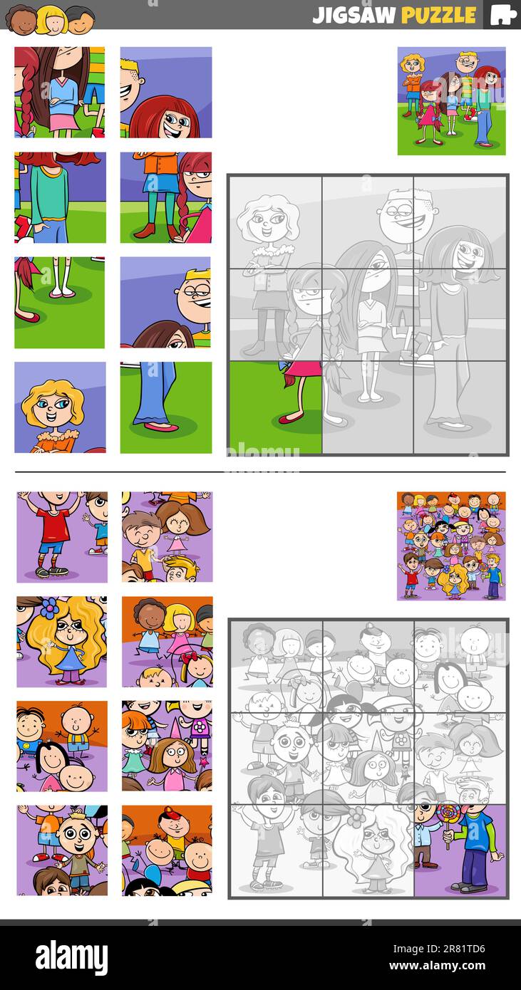 Cartoon illustration of educational jigsaw puzzle activities set with ...