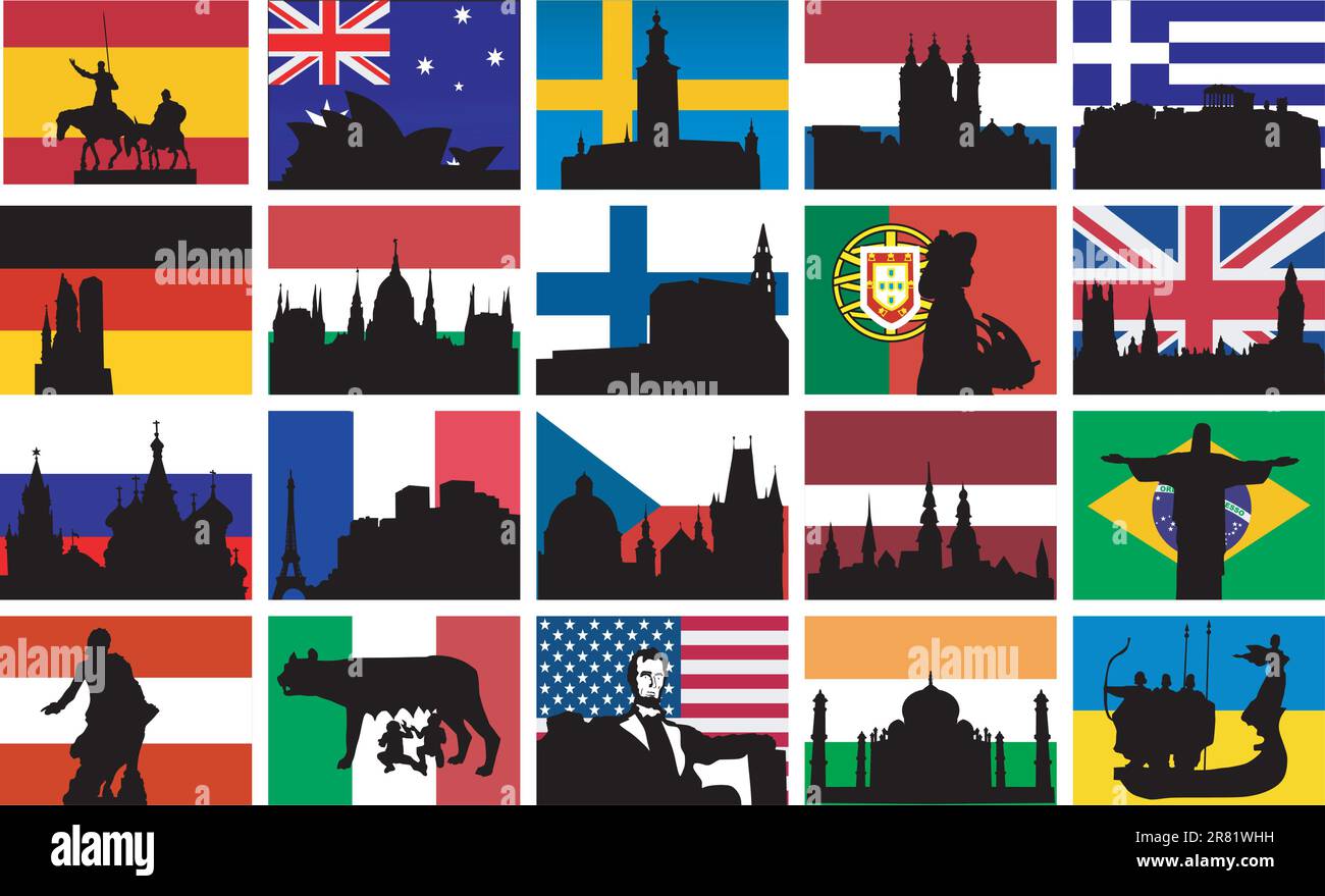 set of silhouettes of monuments with flags Stock Vector Image & Art - Alamy