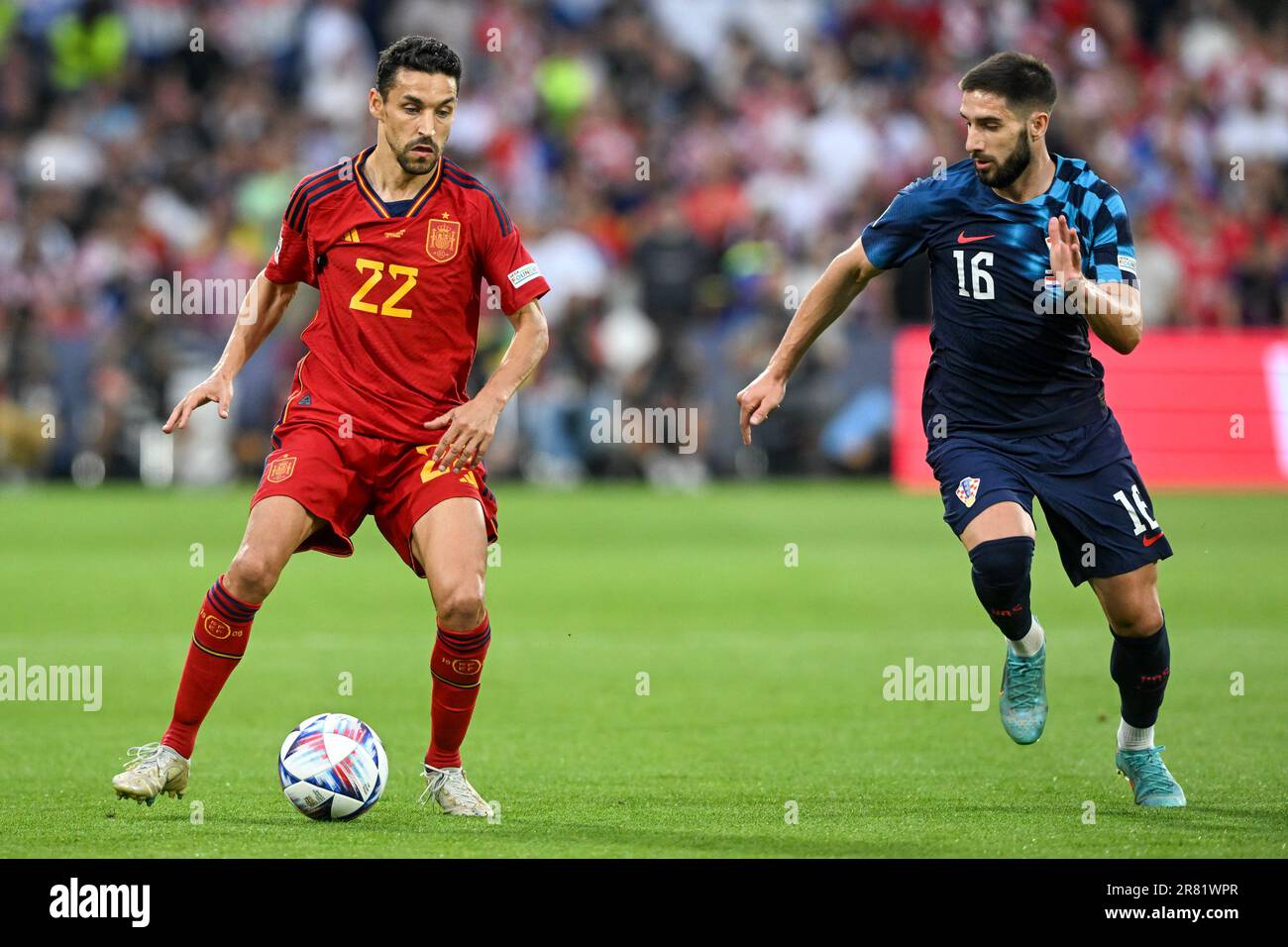 Rotterdam, Nizozemska. 18th June, 2023. Jesus Navas of Spain and Luka ...