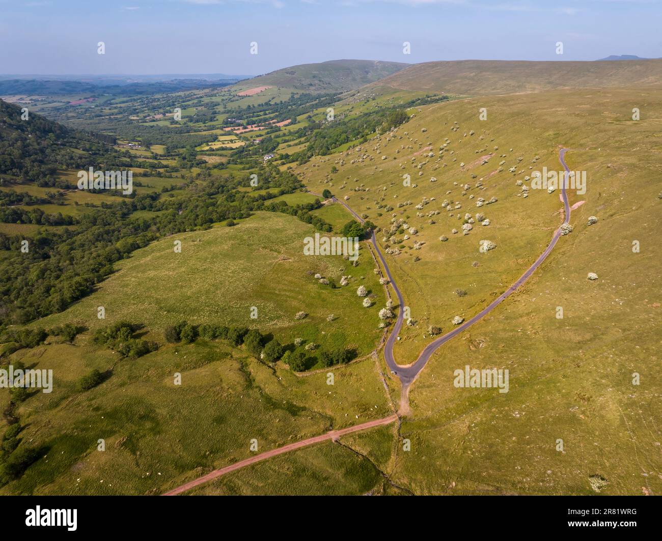 Drone view of the Brecon Beacons road from Heol Senni and Ystradfellte ...