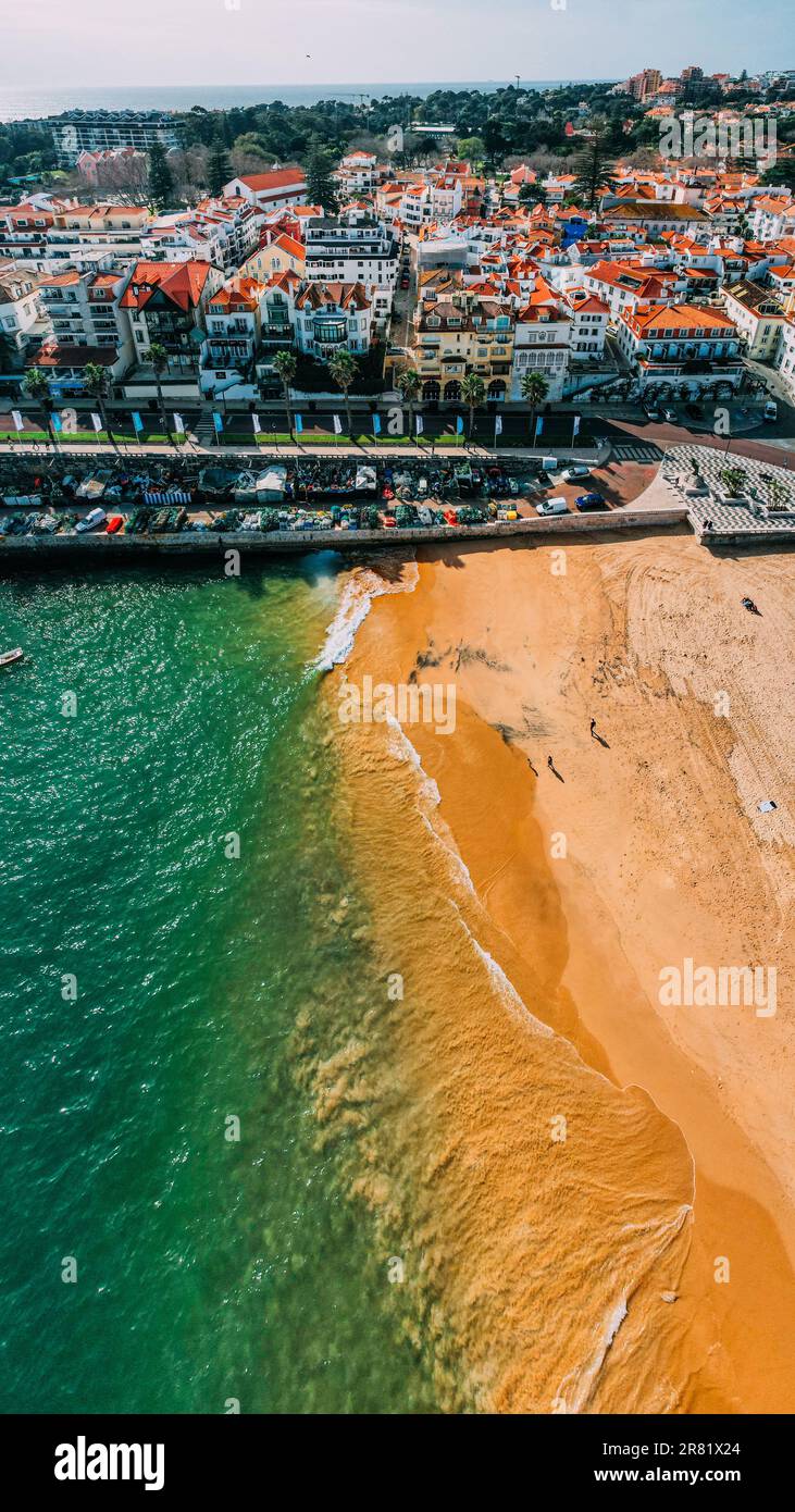 An aerial view of Cascais, Portugal, a stunning beach town surrounded ...