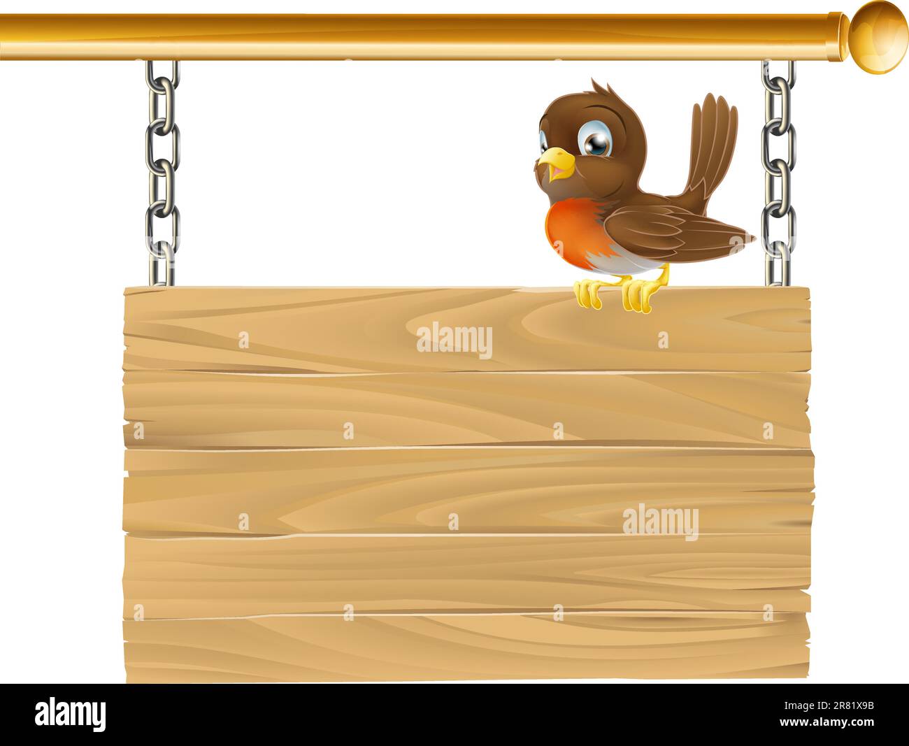 Illustration of a hanging wooden sign with a robin bird seated on it ...