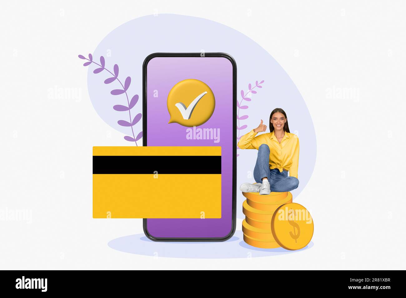 I recommend remote banking. Happy woman sitting near giant cellphone ...