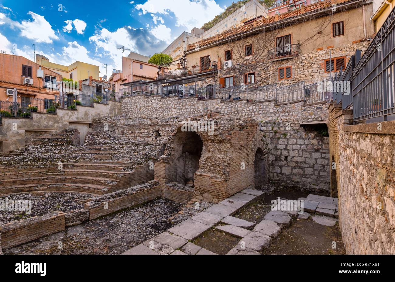 Odeon in Taormina, Sicily island in Italy. Ruins of ancient greek ...