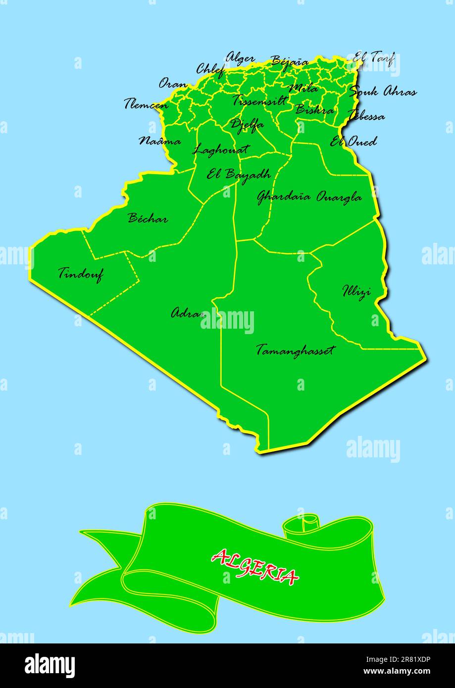 Map of Algeria with subregions in green country name in red Stock Photo ...