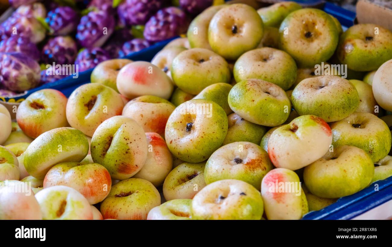 Marzipan fruits assortment. Close up of marzipan sweets shaped and ...