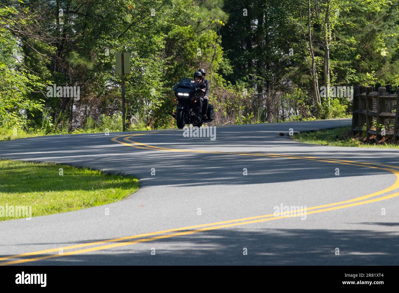 black hog motorcycle with headlights on driving winding mountain road ...