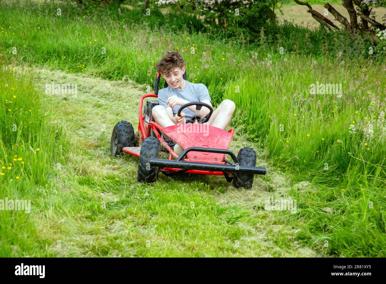Electric powered Go-Kart racing around a field, High Bickington, North ...