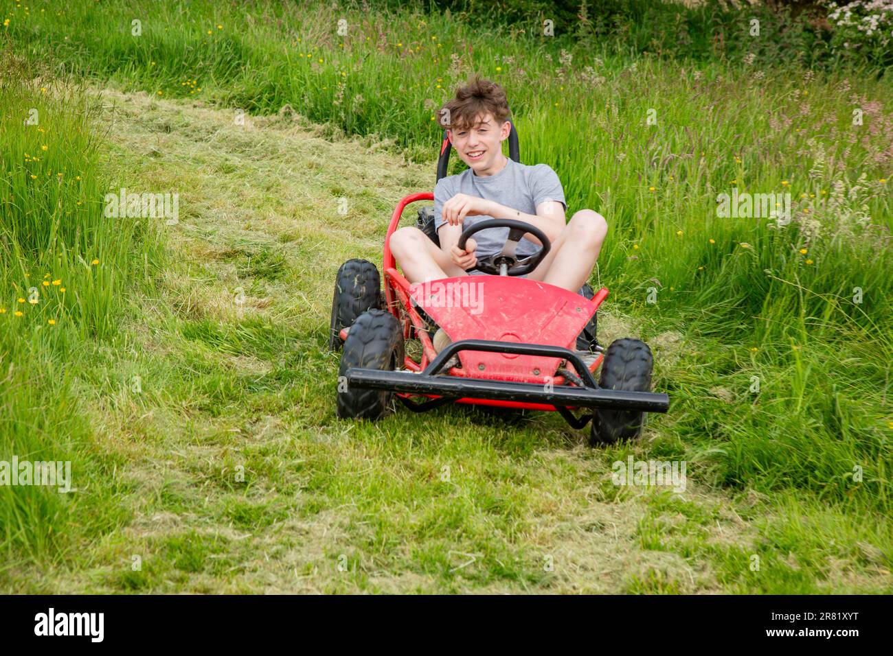 Electric powered Go-Kart racing around a field, High Bickington, North ...