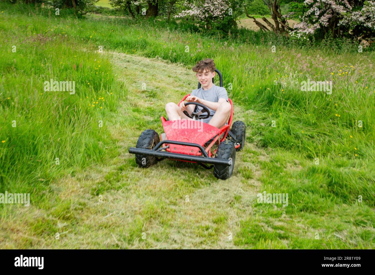 Electric powered Go-Kart racing around a field, High Bickington, North ...