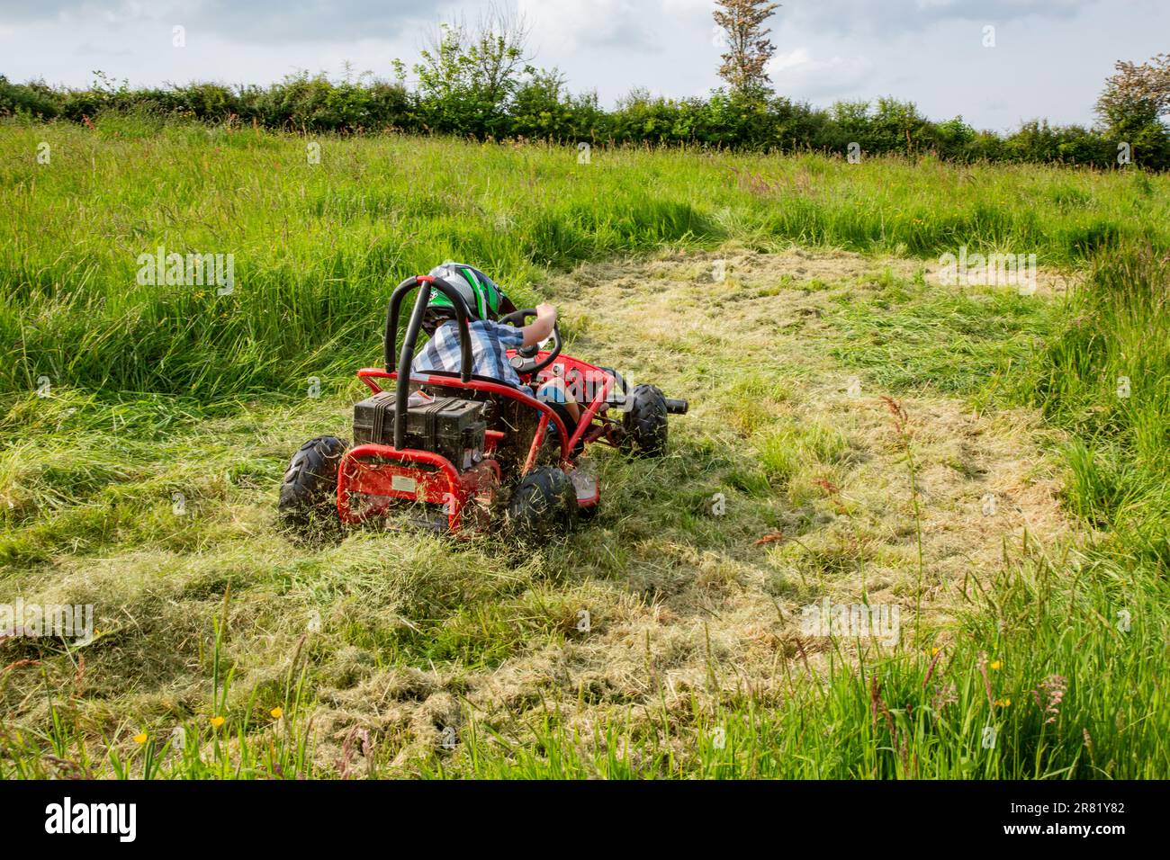 Electric powered Go-Kart racing around a field, High Bickington, North ...