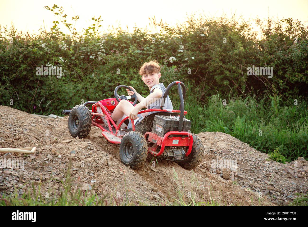 Electric powered Go-Kart racing around a field, High Bickington, North ...