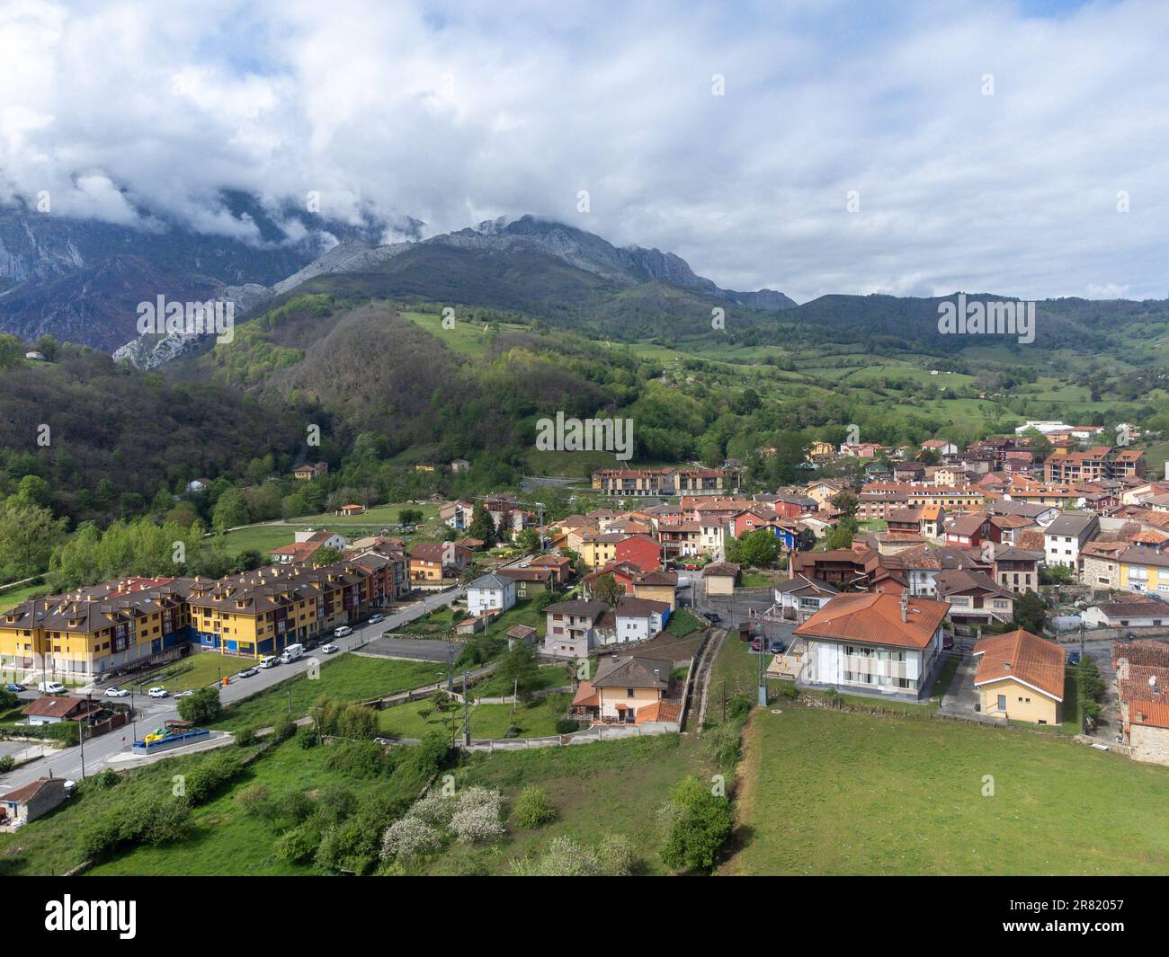 Aerial view on Los Arenas, mountain village where famous cabrales ...