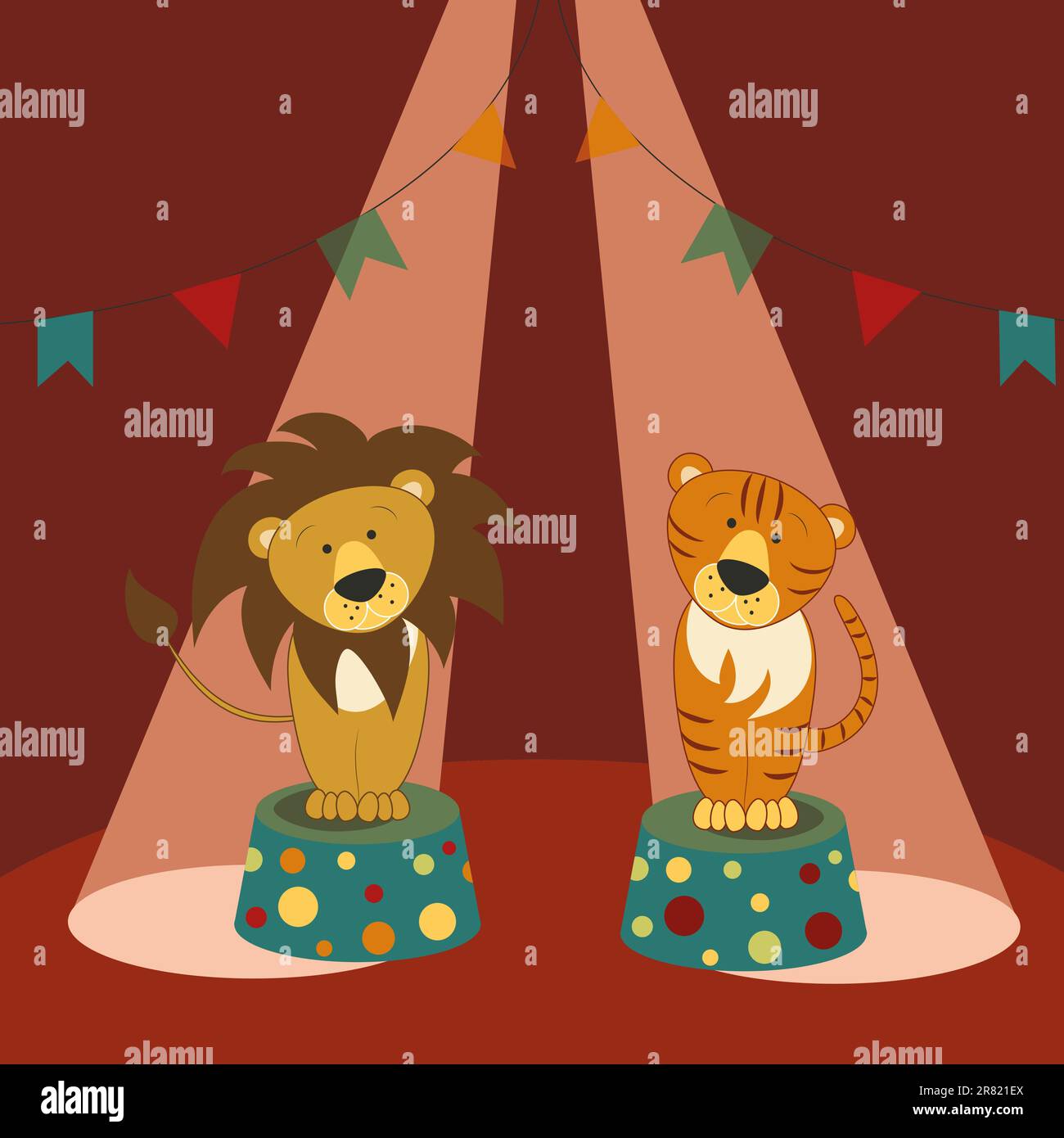 Lion and tiger sit on pedestals under beams of spotlights in a circus ...