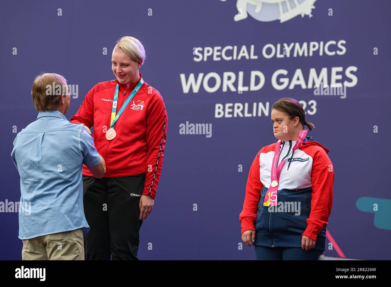 Athletes receive medal during Rhythmic Gymnastics award ceremony during ...