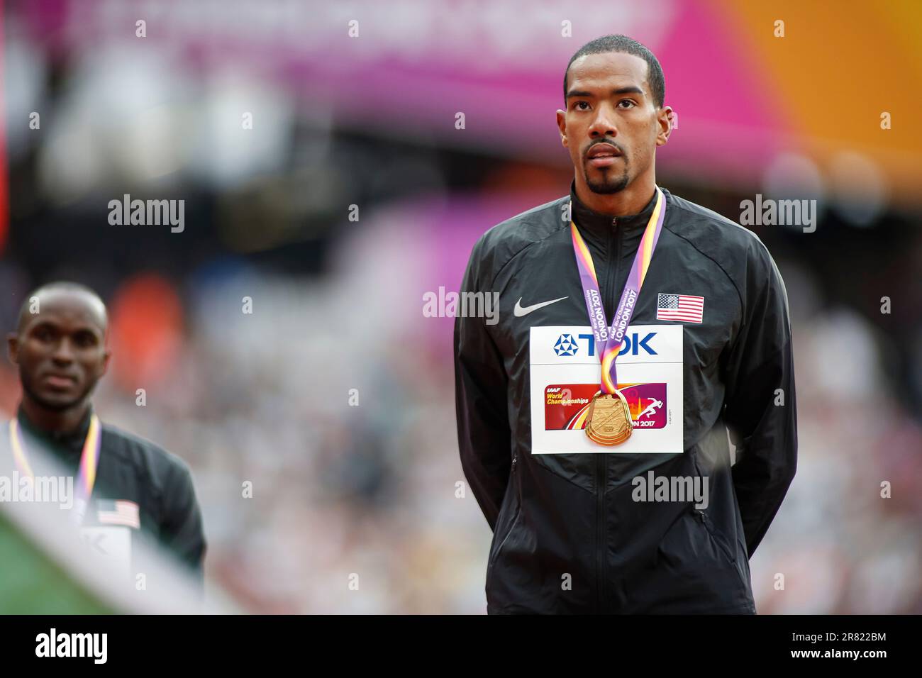 Christian Taylor at the award ceremony and receiving the medal at the ...