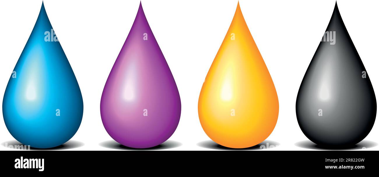 illustration of CMYK colored drops, symbol for painting and printing ...