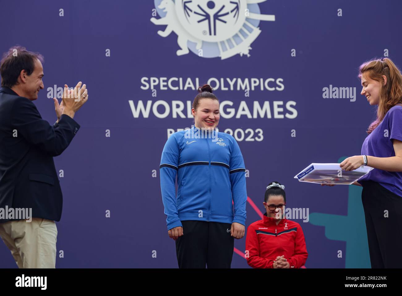 An athlete receives a medal during Rhythmic Gymnastics award ceremony ...