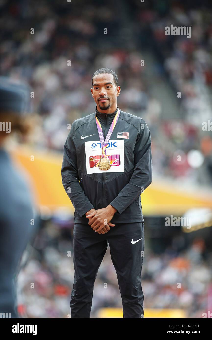 Christian Taylor at the award ceremony and receiving the medal at the ...