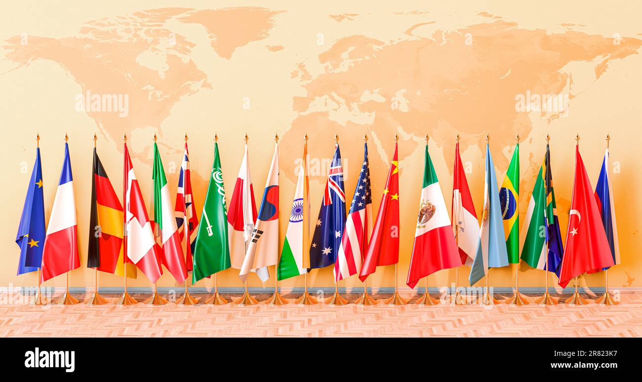 G20 meeting, flags of all members G20 in room. 3D rendering Stock Photo ...