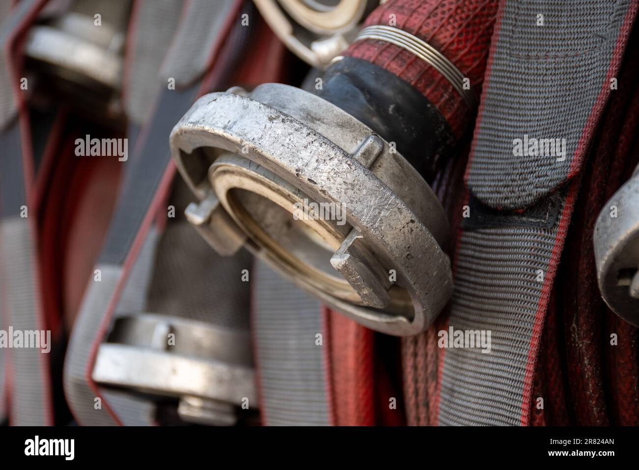Fire engine equipment from the inside - fire hose hoses ready for use ...