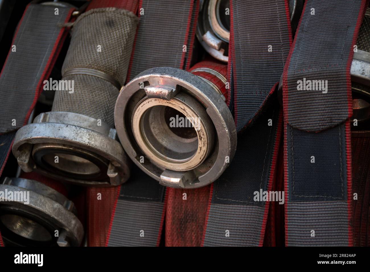 Fire engine equipment from the inside - fire hose hoses ready for use ...