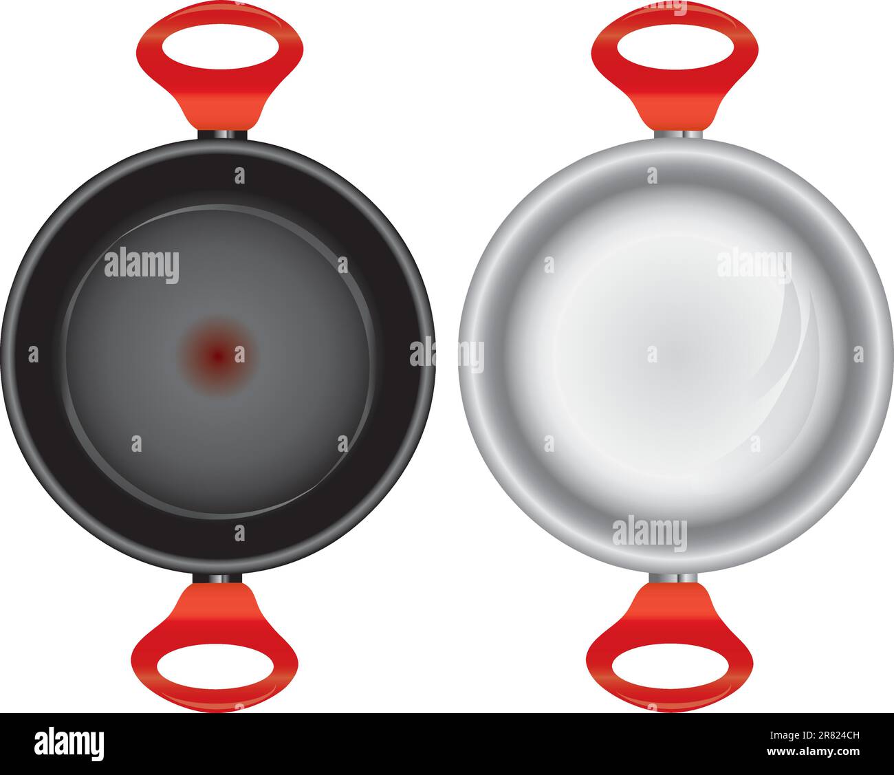 Steel and Teflon pans with double silicone red handles. Vector ...