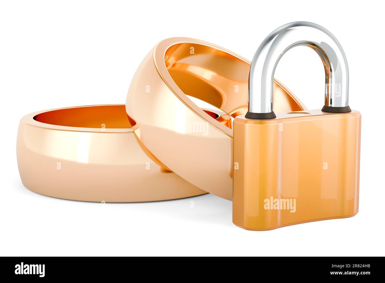 Golden wedding rings with padlock. 3D rendering isolated on white ...