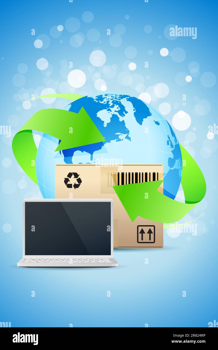 Abstract Background with Laptop Earth Globe and Cardboard Box Stock ...
