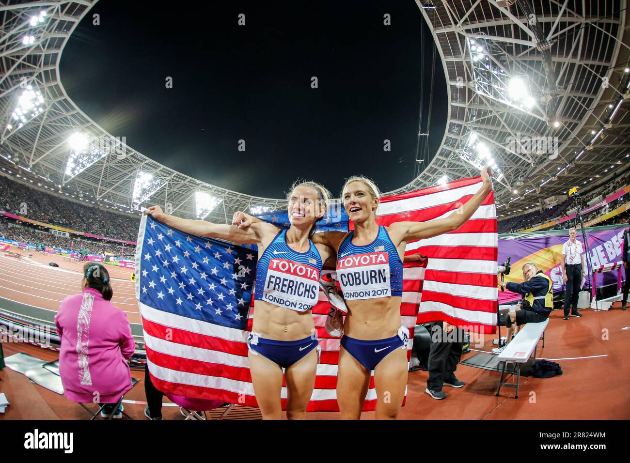 Emma Coburn celebrating her medal with her country's flag in the 3000 ...