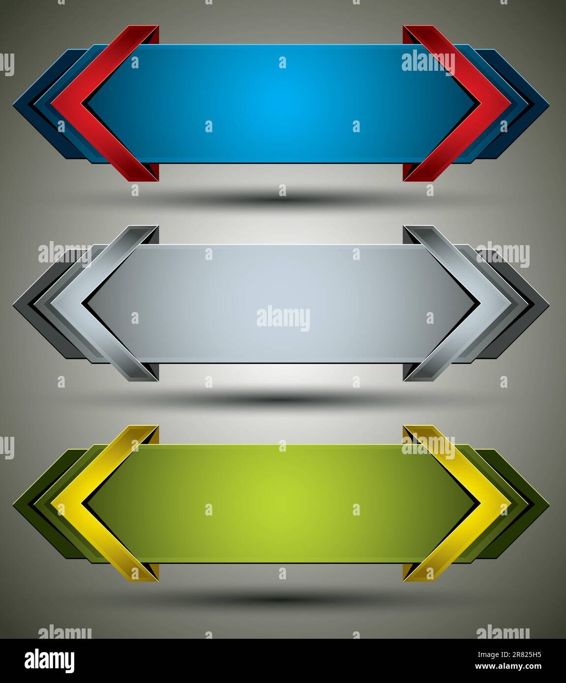 Horizontal 3d banners finished with arrows, set of color versions ...