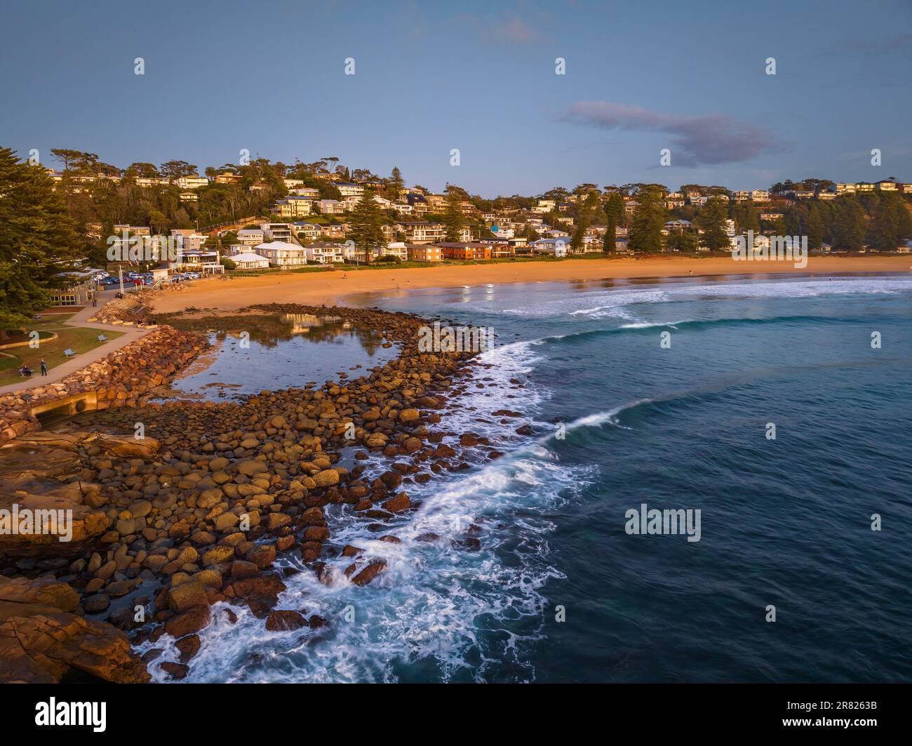 Aerial sunrise sea and shore at Avoca Beach on the Central Coast, NSW ...