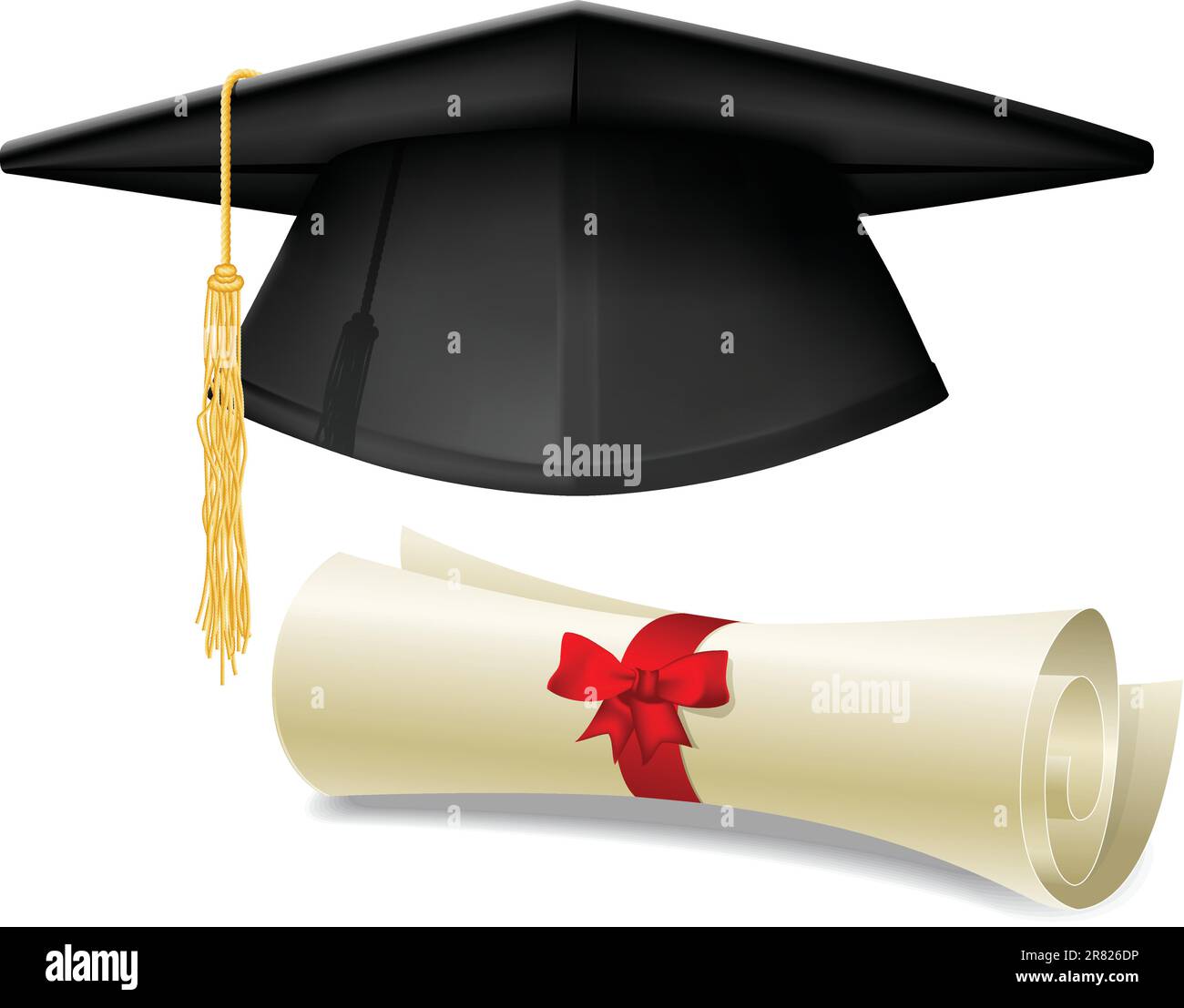 Black graduation cap, mortarboard and diploma scroll, made with ...