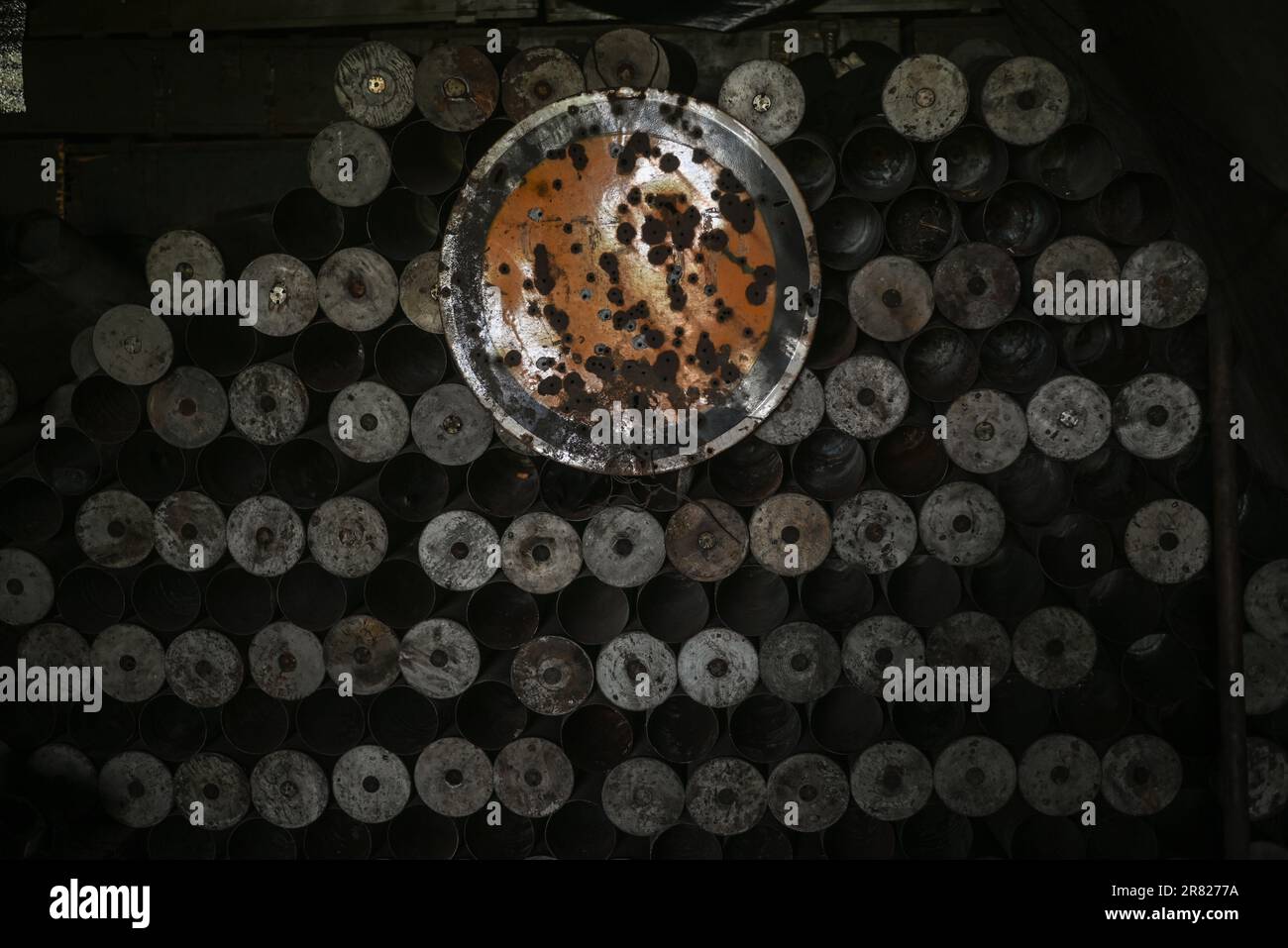 Ukraine. 18th June, 2023. A tall stack of containers for spent mortar ...