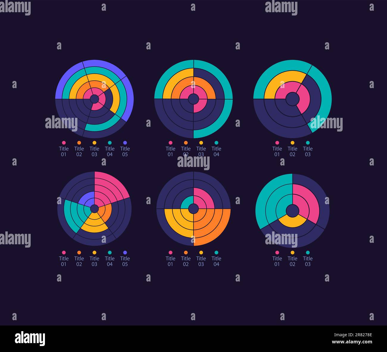 Concentric circle infographic chart design template set for dark theme ...