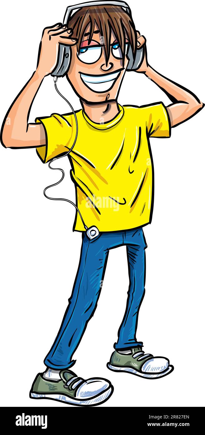 Cartoon teenage boy listening to music on headphones. Isolated Stock ...