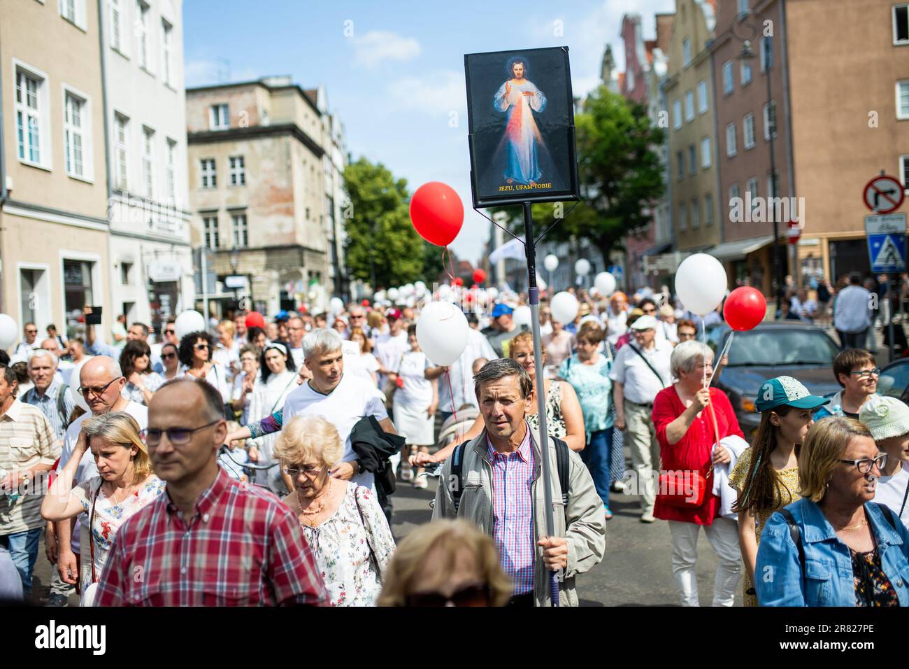Gdansk, Poland. 18th June, 2023. A man with a Jesus Christ icon seen ...