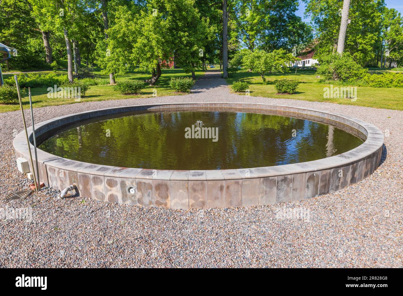 Close up view of garden landscape design with round decorative outdoor ...