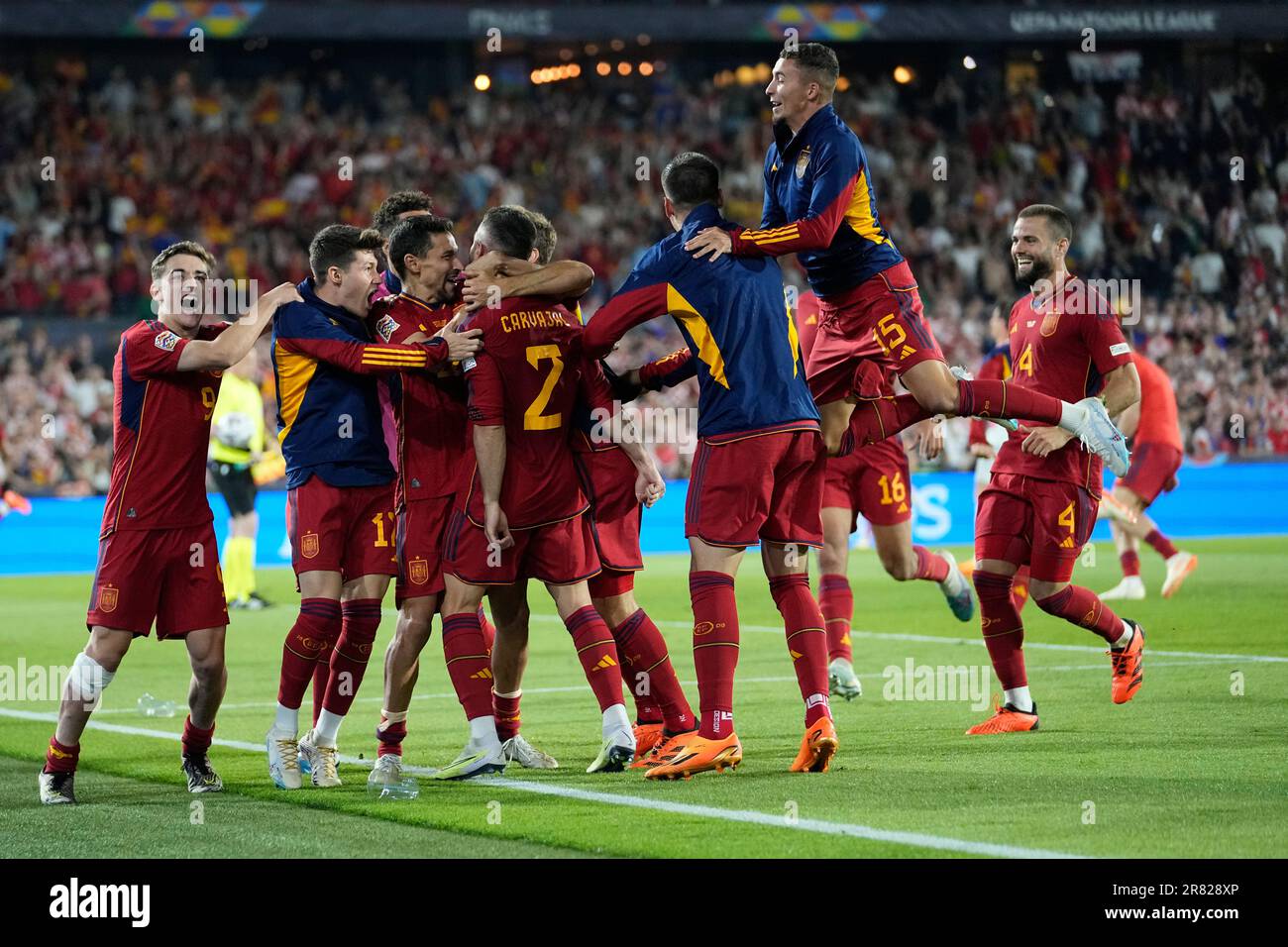 Spain players celebrate after winning the Nations League final soccer ...