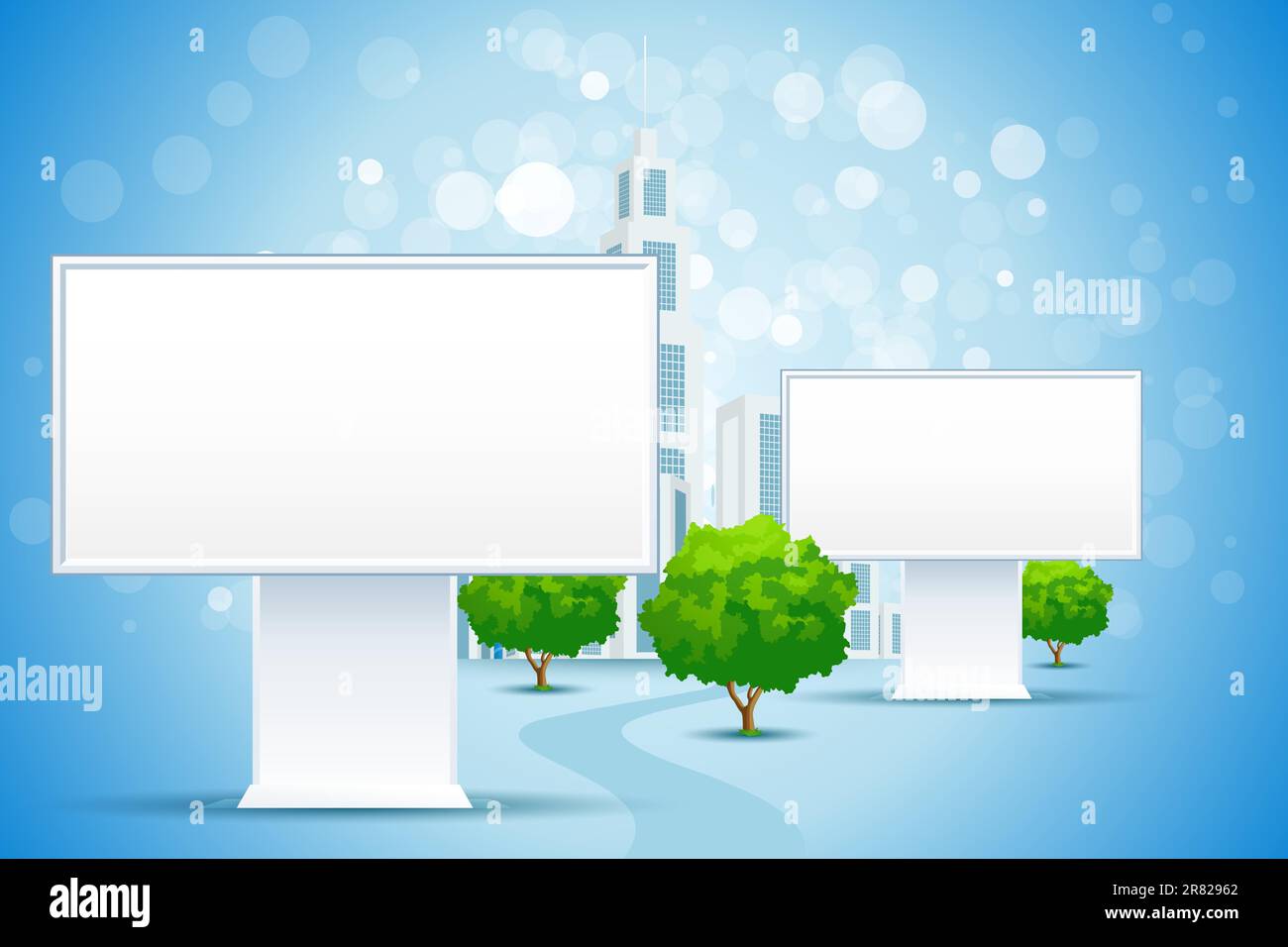 Blue Business Background with City and Blank Billboard Signs Stock ...