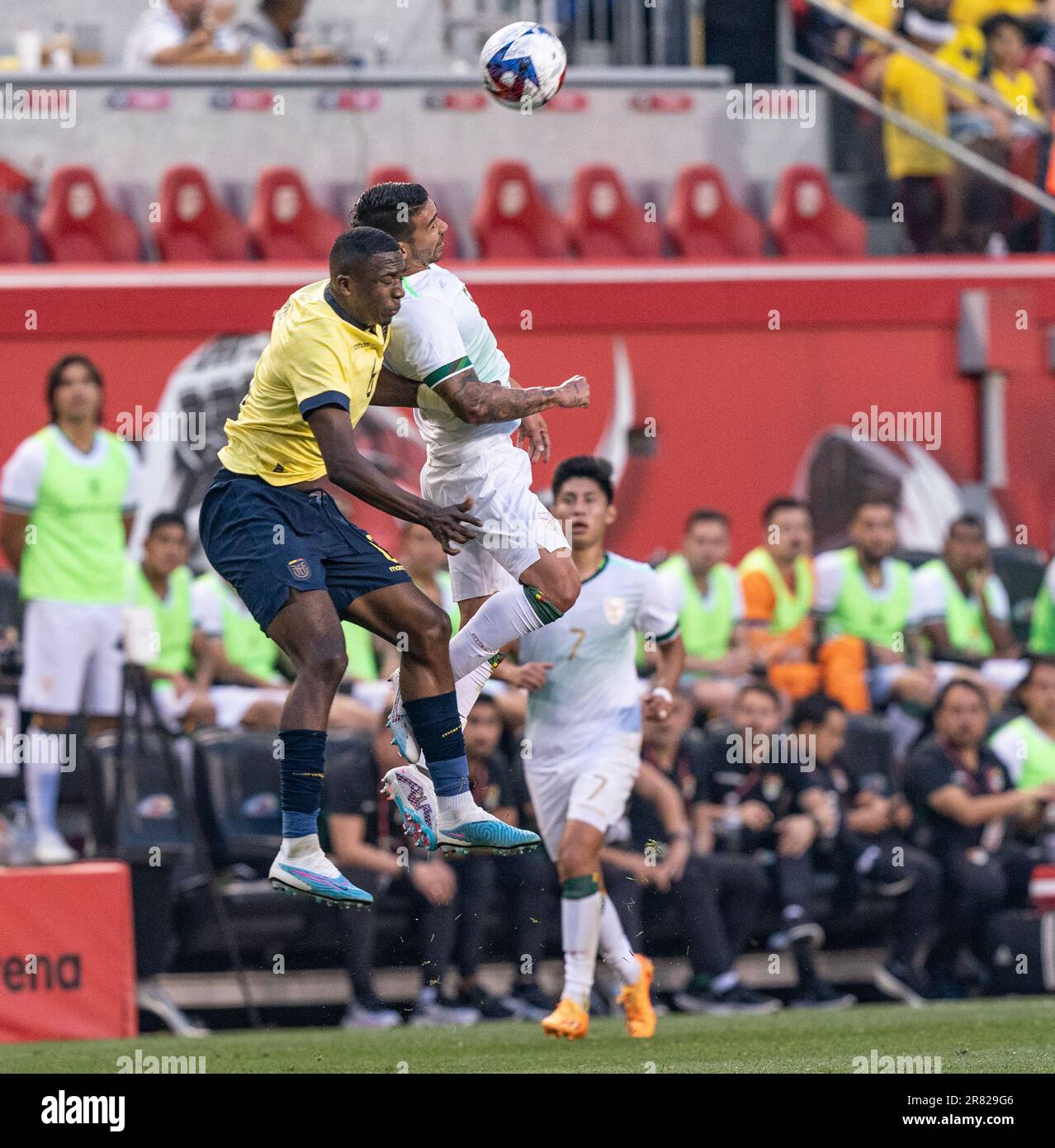 William Pacho (6) of Ecuador and Diego Bejarano (8) of Bolivia fight ...