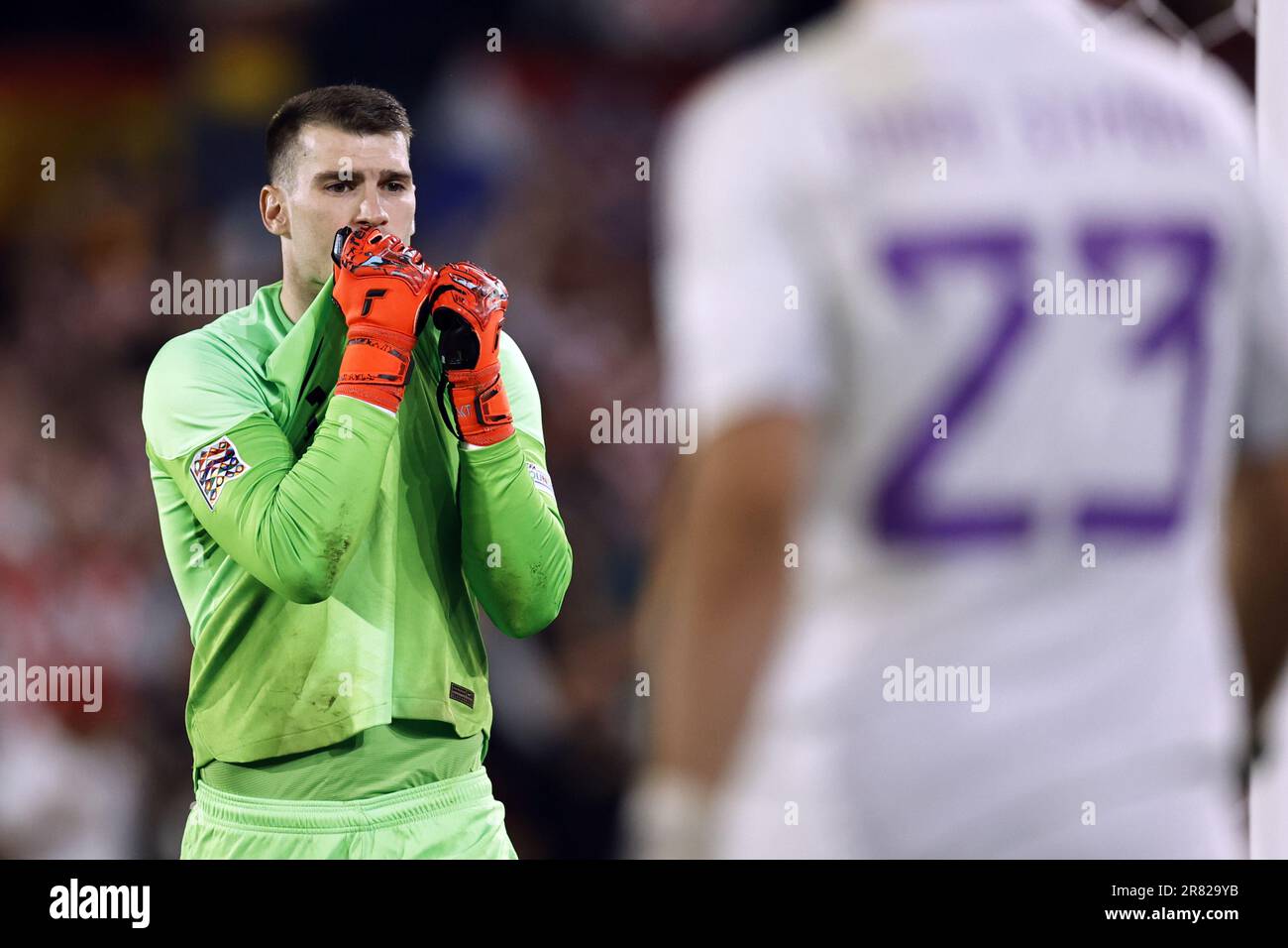 ROTTERDAM - Croatia goalkeeper Dominik Livakovic disappointed during ...
